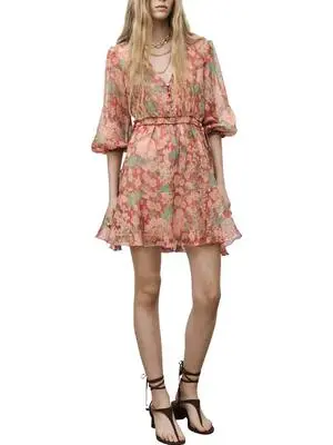 Mango Floral Print Puff Sleeve Mini Dress - Maroon