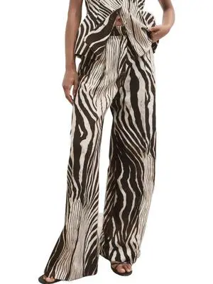 Mango Zebra-print Linen And Cotton Straight-leg Trousers - Chocolate