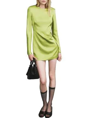 Mango Open Back Long Sleeve Satin Mini Dress - Lime Green