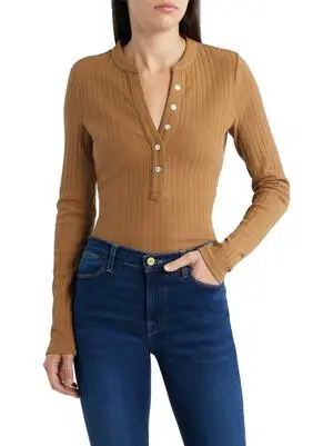 Veronica Beard Jocelyn Rib Stretch Cotton Henley Top - Dark Acorn