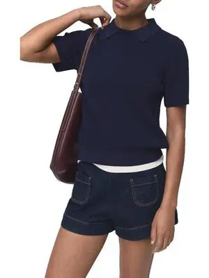 Mango Spread Collar Short Sleeve Sweater Dark Navy