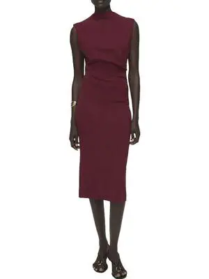 Mango Sleeveless Ruched Midi Dress - Burgundy