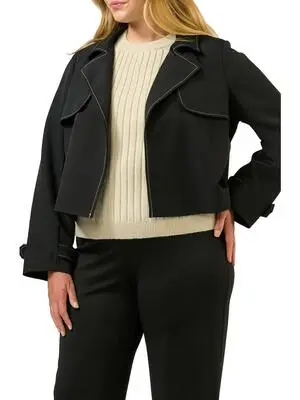 ESTELLE Contrast Topstitch Detail Crop Trench Jacket - Black