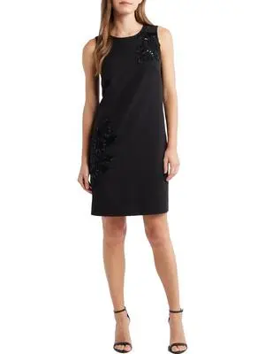 Anne Klein Floral Beaded Sleeveless Shift Dress - Anne Black