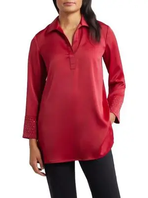 Anne Klein Embellished Cuff Tunic Top - Titan Red
