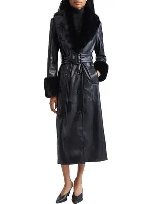 STAND STUDIO Estella Belted Faux Leather Coat With Faux Fur Trim - Black/black