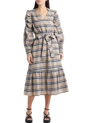 CIEBON Mariyah Long Sleeve Seersucker Midi Dress - Khaki