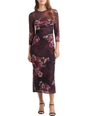 Anne Klein Ruched Long Sleeve Illusion Neck Midi Dress - Midnight Chianti Multi