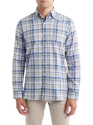 Johnnie-o Loudon Plaid Top Shelf Cotton Herringbone Button-up Shirt - Light Gray