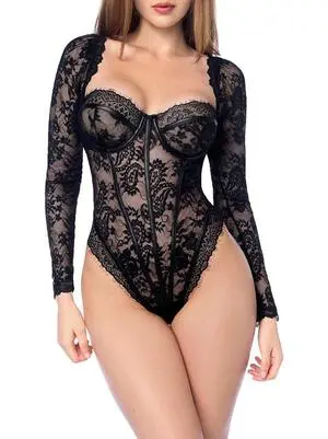 MAPALE Faux Leather Trim Lace Bodysuit - Black