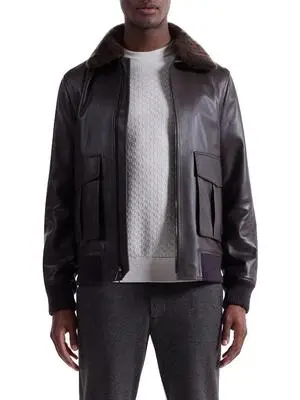 Bugatchi Leather Bomber Jacket With Removable Shearling Collar - Truffle