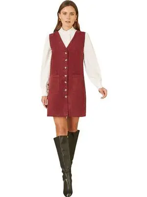 YUMI V-neck Cord Pinafore Dress - Burgundy