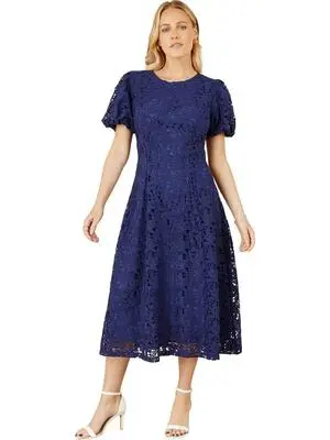 YUMI Lace Midi Skater Dress - Navy