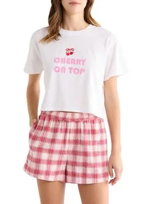 OPEN EDIT Boxy Crop Sleep T-shirt - White Pink Cherry On Top