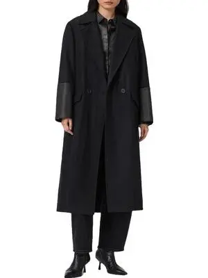 ALLSAINTS Sellma Leather Trim Wool Blend Coat - Black