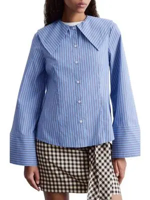 & Other Stories Oversized Collar Stretch Cotton Blend Button-up Shirt - Blue Medium