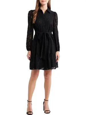 Anne Klein Long Sleeve Lace Shirtdress - Anne Black