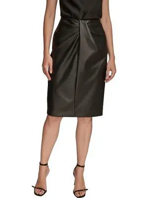 Donna Karan New York Drape Detail Faux Leather Pencil Skirt - Black