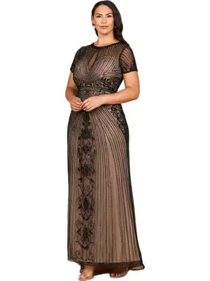 LARA NEW YORK Beaded Cap Sleeve Illusion Plunge Gown - Black