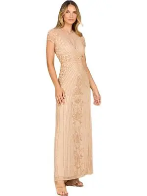LARA NEW YORK Beaded Cap Sleeve Illusion Plunge Gown - Champagne