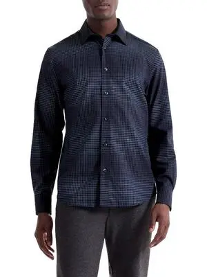 Bugatchi Julian Shaped Fit Gradient Check Cotton & Cashmere Button-up Shirt - Navy
