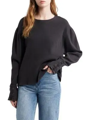 Free People Lapis Lace-up Cuff Cotton Thermal Top - Black