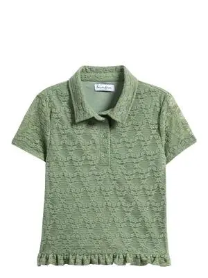 LOVE, FIRE Lace Polo Top With Ruffle Hem Hedge Green