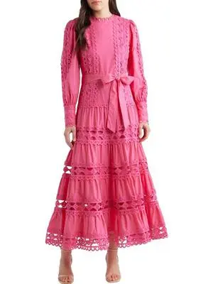 LAYERED WITH LOVE Lace Trim Long Sleeve Cotton Maxi Dress - Hot Pink