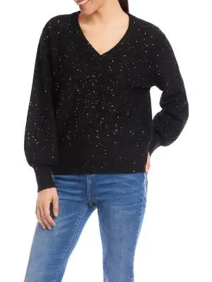 Karen Kane Sequin V-neck Sweater - Black