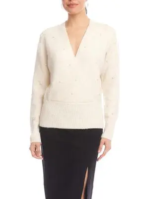 Karen Kane Faux Pearl Embellished Wrap Sweater - Cream