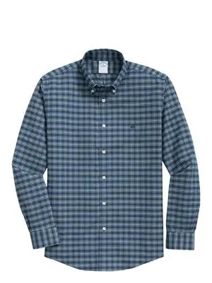 Brooks Brothers Plaid Wrinkle Resistant Stretch Cotton Button-down Shirt - Navy Green Heron Check