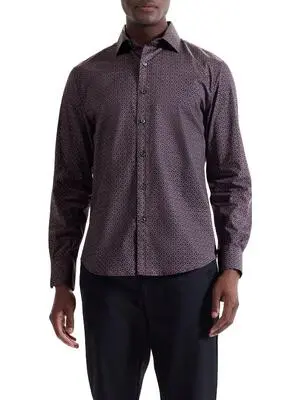 Bugatchi Axel Trim Fit Geo Print Stretch Cotton Button-up Shirt Burgundy