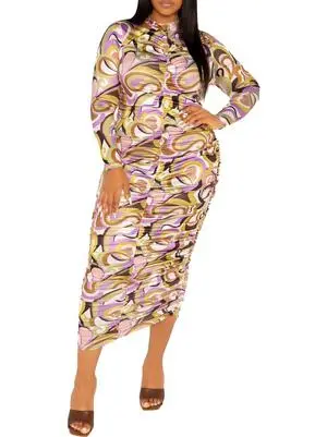 BUXOM COUTURE Print Ruched Long Sleeve Midi Body-con Dress - Pink Multi