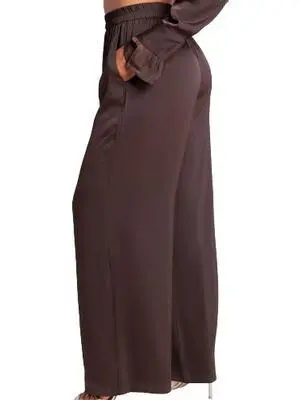 RICHANTEE High-Waisted Wide-Leg Silk-Satin Pants Brown