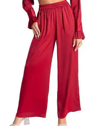 RICHANTEE High-Waisted Wide-Leg Silk-Satin Pants Rouge
