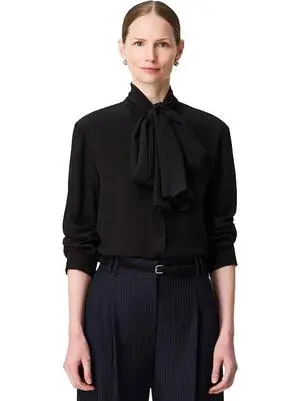Another Tomorrow Another Tomorrow Signature Bow Blouse With Detachable Scarf Black