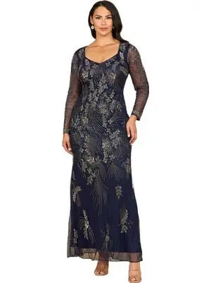 LARA NEW YORK Long Sleeve Queen Anne Beaded Gown - Navy