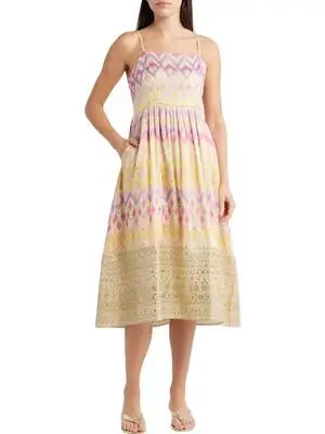HOLICHIC Emma Embroidered Fit & Flare Midi Dress - Pink/yellow