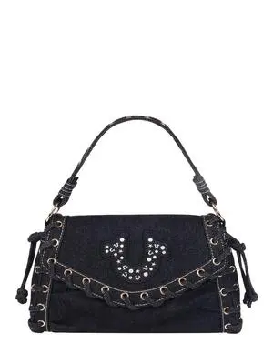 True Religion Studded Horseshoe Eyelet Denim Flap Bag - Black