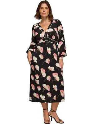 LIVE UNLIMITED Floral Print Piping Detail Dress - Black