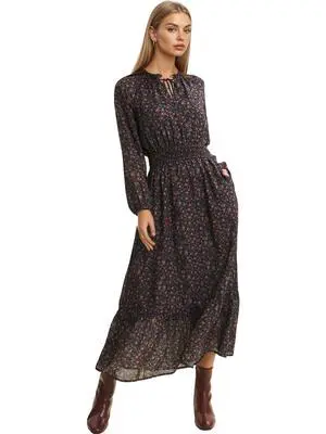 KNIT & LOUNGE Long Sleeve Smocked Waist Floral Midi Dress - Navy/rust Floral