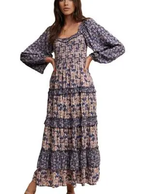 KNIT & LOUNGE Floral Ruffle Tiered Maxi Dress - Navy Blue/light Pink Floral