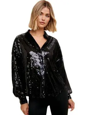 KNIT & LOUNGE Long Sleeve Sequin Button-down Blouse - Black