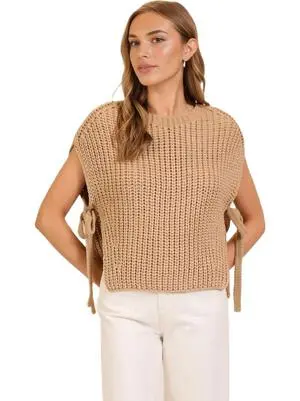 KNIT & LOUNGE Sleeveless Knit Sweater With Side Tie Detail - Camel