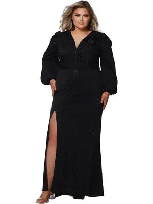 SYDNEY'S CLOSET V-neck Long Puff Sleeve Evening Gown - Black