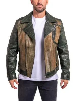 MACEOO Ascension0026 Genuine Calf Hair & Croc Print Leather Jacket - Green