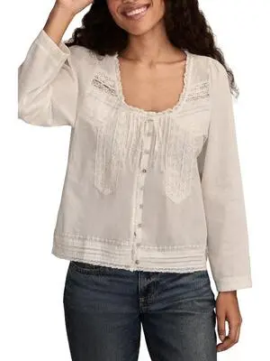 Lucky Brand Lace Trim Long Sleeve Swing Top - Whisper White