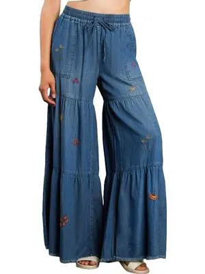 BILLY T Embroidered Wide-leg Denim Pants - Fancy Denim