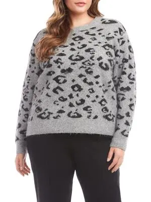 Karen Kane Metallic Leopard Crewneck Sweater - Gray W/black