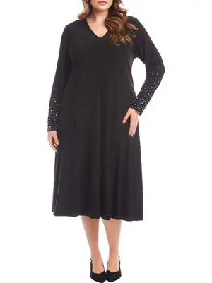 Karen Kane Embellished Long Sleeve Jersey Midi Dress - Black
